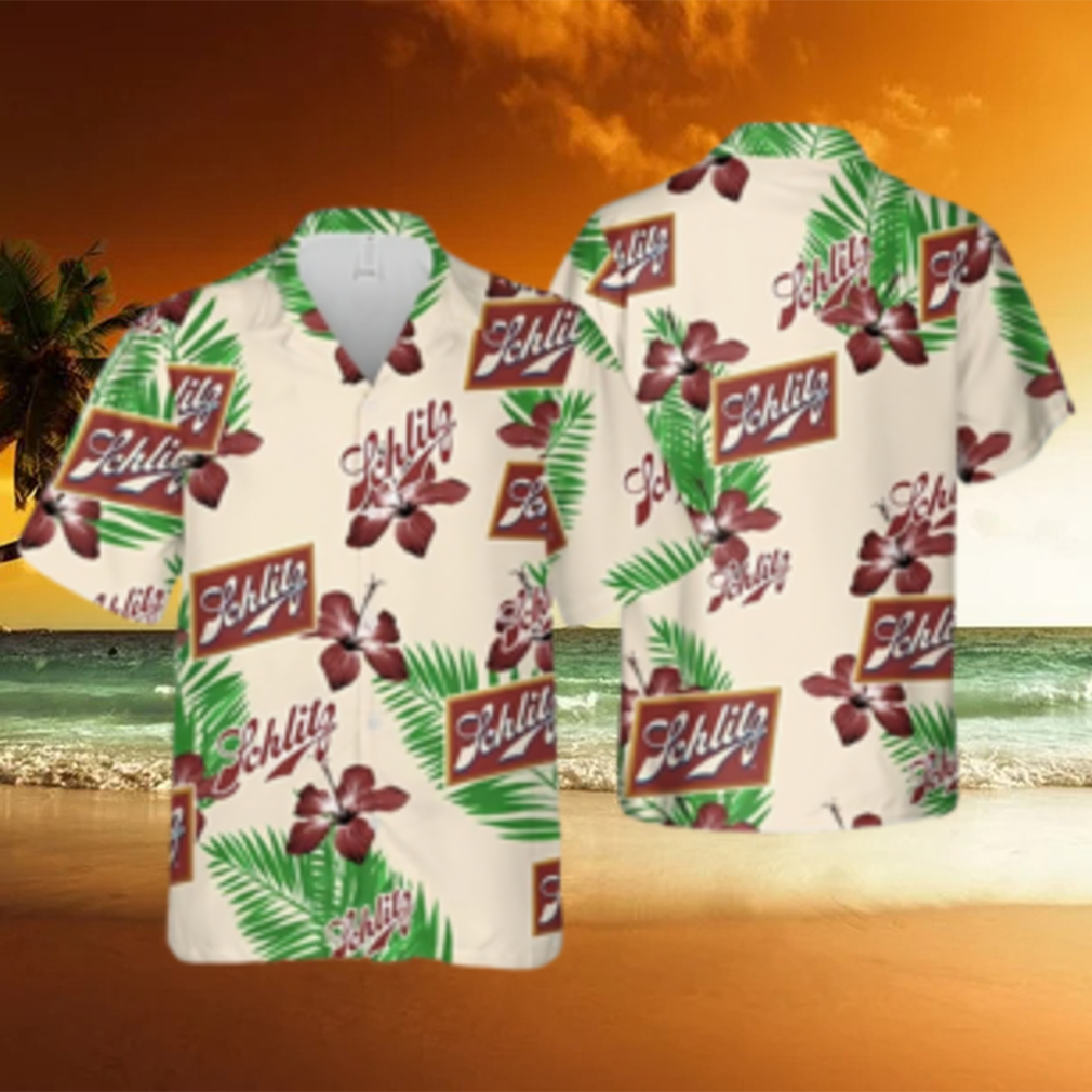 Beige Schlitz Beer Hawaiian Shirt Hibiscus Flower Palm Leaves Pattern
